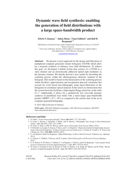 Pdf Dynamic Wave Field Synthesis Enabling The Generation Of Field