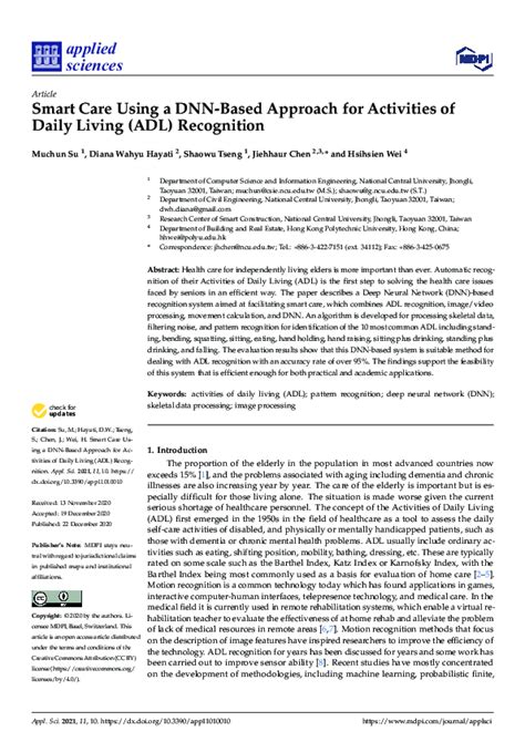 Pdf Smart Care Using A Dnn Based Approach For Activities Of Daily Living Adl Recognition
