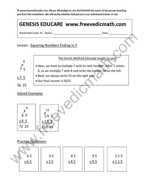 Vedic Math Worksheet 1 Squaring Numbers Ending In 5 Pdf