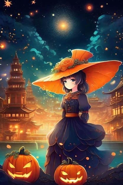 Chica De Anime De Elegancia Gótica Con Sombrero De Calabaza En El