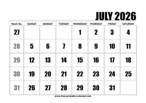 2026 Calendar July