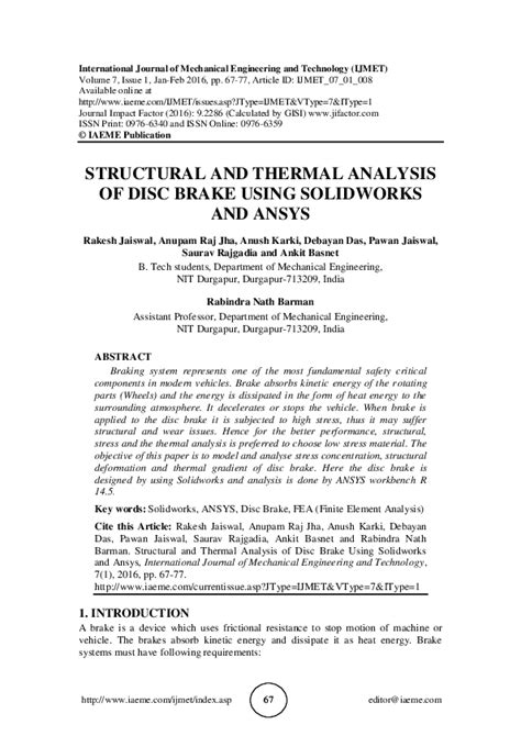 Pdf Structural And Thermal Analysis Of Disc Brake Using Solidworks