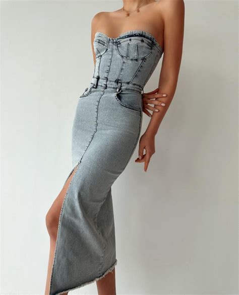 Meely Özel Tasarım Derin Yırtmaçlı Denim Elbise Açık Mavi Modelleri En