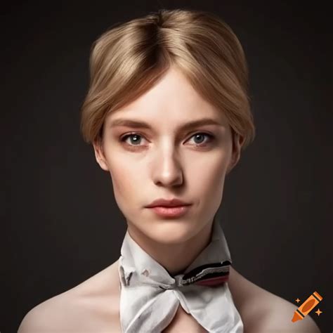 Hyper Realistic Front Facing Portrait Woman Wearing An Ascot Tie