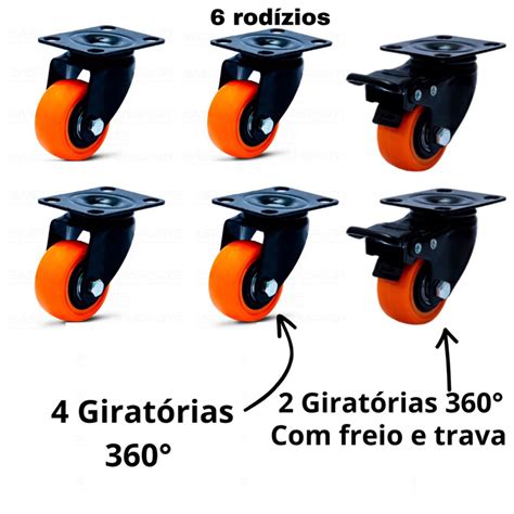 Rodinhas Kit 6 Rodizios 4 Giratorios E 2 Giratorios Com Freio Duplo 360