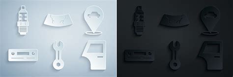 렌치 스패너 자동차 서비스 자동차 오디오 문 깨진 앞 유리 및 스파크 플러그 아이콘위치 설정 벡터 3차원 형태에 대한 스톡 벡터