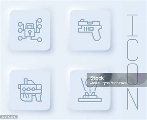 세트 라인 사이버 보안 미래 무기 홀로그램 흰색 정사각형 버튼 벡터 가상현실에 대한 스톡 벡터 아트 및 기타 이미지 가상현실 개념 과학 Istock