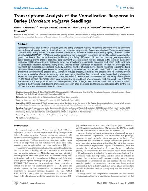 Pdf Transcriptome Analysis Of The Vernalization Response In Barley Hordeum Vulgare Seedlings