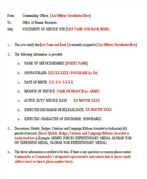 Statement Of Service Army Example Service Letter Formats Statement Template Letterhead