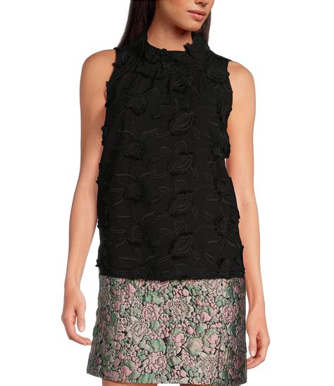 Abbey Glass Barbara Ruffle Mock Neck 3d Floral Detail Sleeveless Top