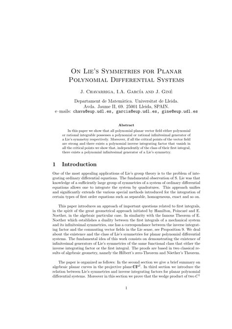 Pdf On Lies Symmetries For Planar Polynomial Differential Systems