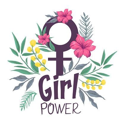 Girl Power Symbol Of Feminism With Flowers Vector Illustration