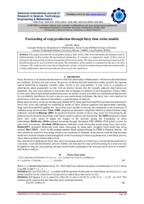 Pdf Forecasting Of Crop Production Through Fuzzy Time Series Models