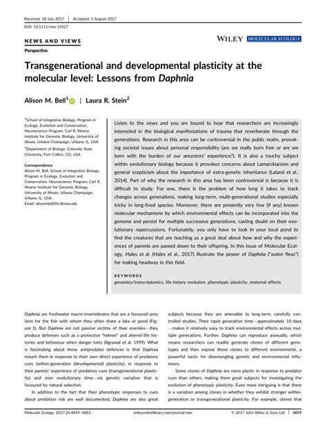 PDF Transgenerational And Developmental Plasticity At The Molecular Level Lessons From Daphnia