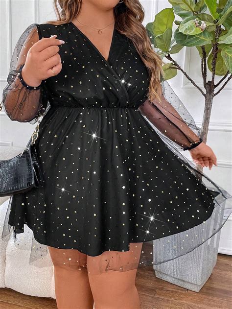 Shein Curve Plus Size Sheer Lantern Sleeve Wrap Neckline Dress Shein Usa