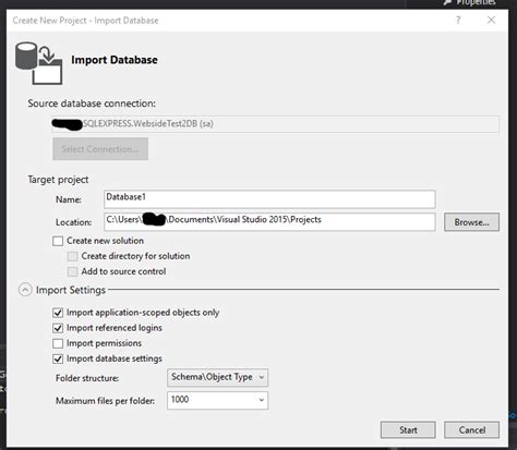 Import Database In Vs 2015 Sql Server Database Project Stack Overflow