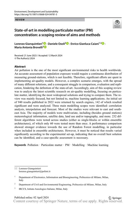 PDF State Of Art In Modelling Particulate Matter PM Concentration A Scoping Review Of Aims
