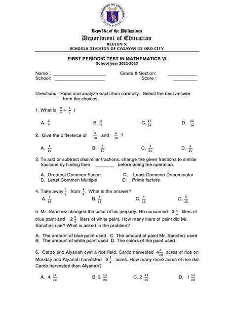 Mathematics Grade 6 1st Quarter Exam Final Pdf Division Mathematics Mathematics