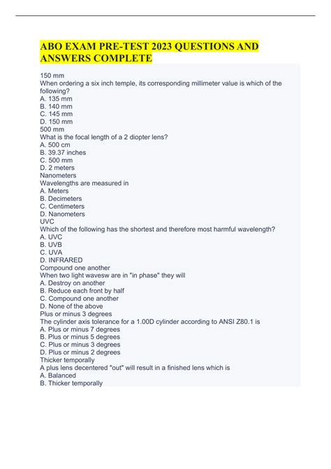 Abo Exam Pre Test 2023 Questions And Answers Complete Abo Stuvia Us