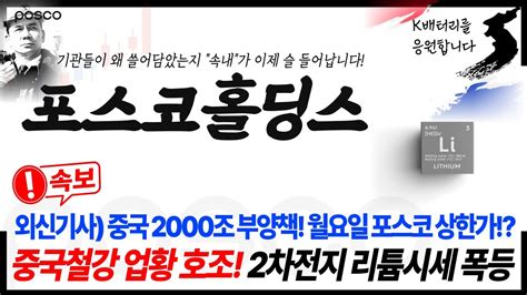 Posco홀딩스 주가전망 속보 중국 2000조 경기부양 월요일 철강주 2차전지 리튬시세 폭등 포스코홀딩스 주가전망 포스코홀딩스분석 Youtube