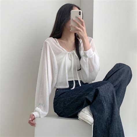 [살안타템 Joysmade] 파우더 리본 볼레로 시스루 부클 브이넥 긴팔 니트 여름가디건 크롭 7color