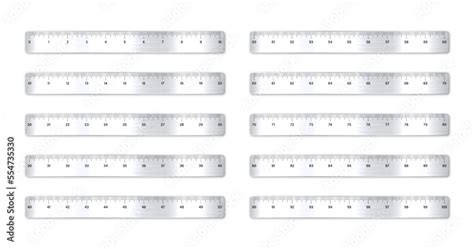 Realistic Various Brushed Metal Rulers With Measurement Scale And Divisions Measure Marks