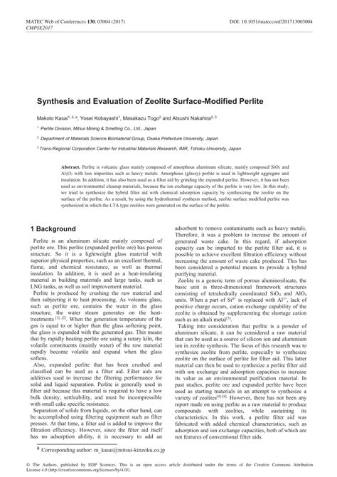 Pdf Synthesis And Evaluation Of Zeolite Surface Modified Perlite