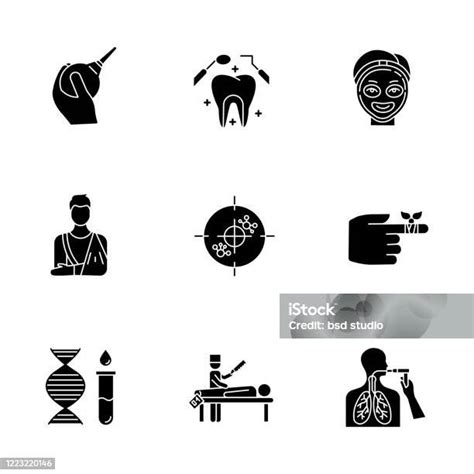 의료 절차 문말 아이콘 설정 의료 정형 외과 캐스트 면역 요법 치과 치료 미용 술 붕대 유전학 부검 기관지 내시경 검사 실루엣 기호입니다 벡터 절연 그림 붕대에 대한 스톡