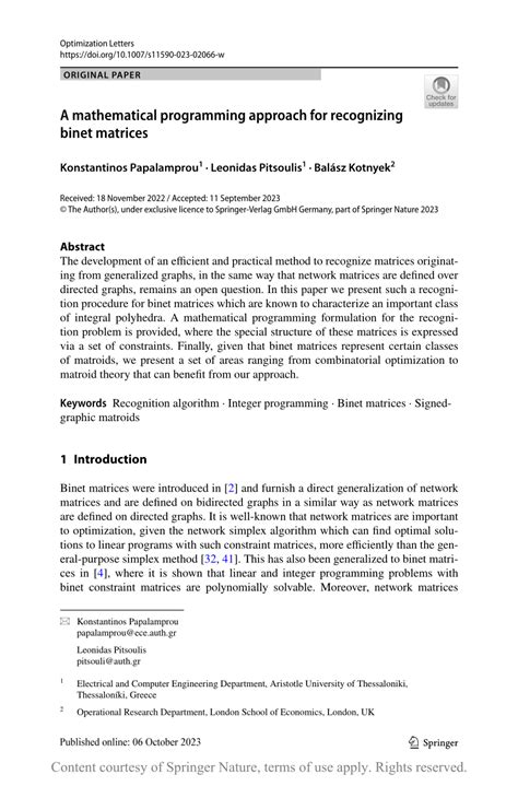 A Mathematical Programming Approach For Recognizing Binet Matrices Request Pdf