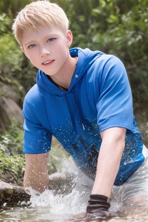 [ai Greem] 그림 남자 229 금발 파란 눈 남자 미소년 캐릭터 실사화 그림 이미지 계곡 물놀이 강가 배경 네이버 블로그