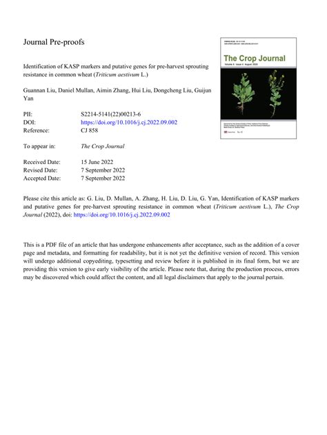 Pdf Identification Of Kasp Markers And Putative Genes For Pre Harvest Sprouting Resistance In