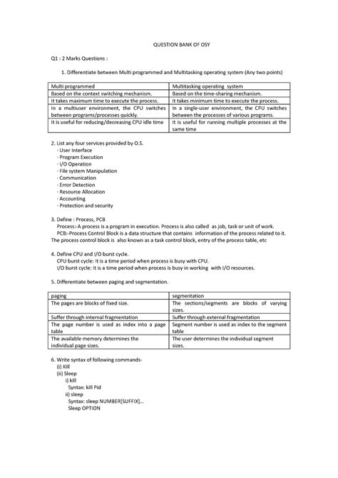 Question Bank Of Osy Question Bank Of Osy Q1 2 Marks Questions 1 Differentiate Between
