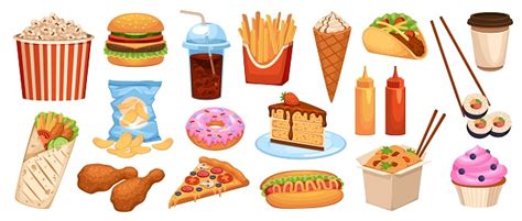 만화 길거리 음식 빠른 정크 푸드 튀김 스낵 높은 콜레스테롤 비만 피자와 햄버거 핫도그 감자 튀김 칩 달콤한 케이크와 아이스크림 초밥과 팝콘 깔끔한 벡터 세트 프렌치