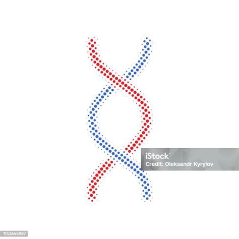 파란색과 빨간색 Dna 나선 하프톤 벡터 아이콘입니다 일러스트 스타일은 흰색 바탕에 점선 상징적 인 Dna 나선형 아이콘 기호입니다 벡터 일러스트 레이 션에 고립 된 흰색