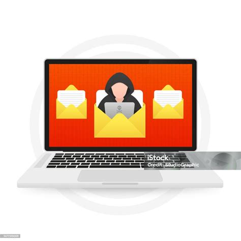 스팸 이메일 개념입니다 해커 및 사이버 범죄자 피싱 노트북 화면에 스팸 메시지입니다 경고 및 경고 스팸 알림 스팸 봉투 바이러스