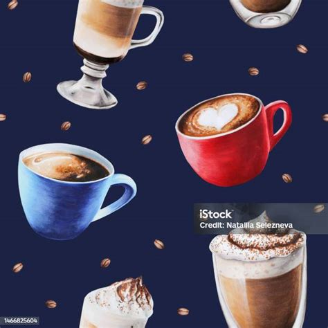 커피 만들기 도구가 있는 수채화 매끄러운 패턴 라떼 에스프레소 아메리카노 고립된 배경에 손 그림 디자이너 메뉴 상점 바 비스트로