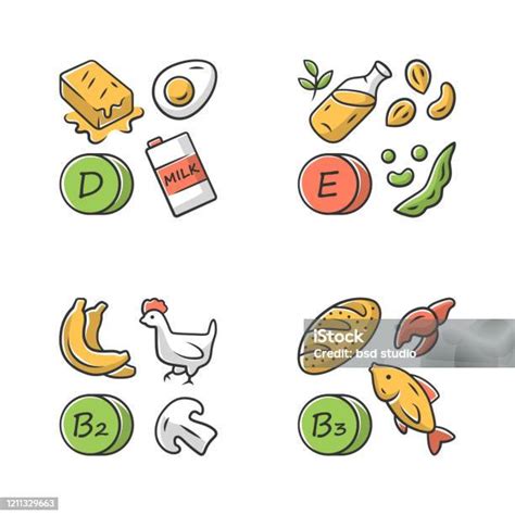 비타민 색상 아이콘 세트입니다 D E B2 B3 비타민 천연 식품 소스 유제품 견과류 적절한 영양 건강한 음식 미네랄 항산화제 격리된 벡터 일러스트레이션 0명에 대한 스톡