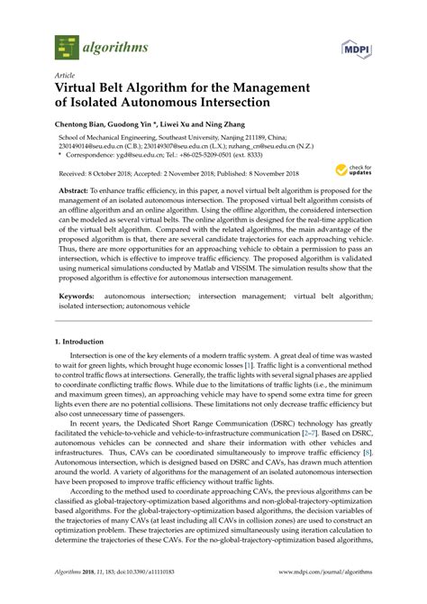 Pdf Virtual Belt Algorithm For The Management Of Isolated Autonomous Intersection