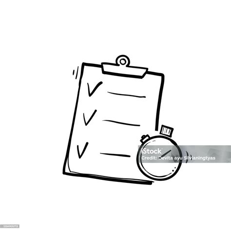 손으로 그린 빠른 서비스 체크 리스트 및 스톱워치 계획 미루기 및 효율성 프로젝트 관리 빠른 설문지 짧은 설문 조사 낙서