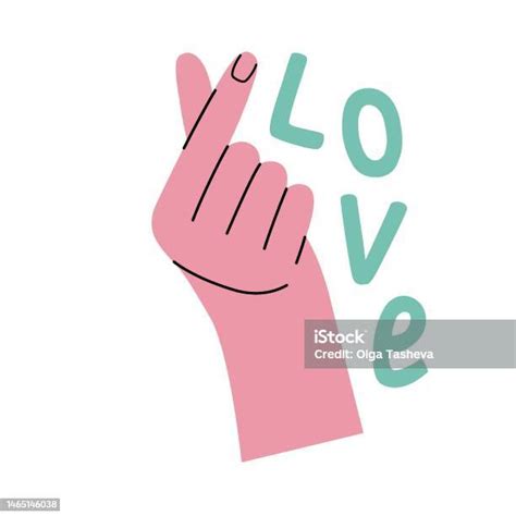 분홍색과 청록색 제스처는 텍스트가있는 손 손가락을 좋아합니다 손으로 그린 스타일의 벡터 일러스트 레이 션에 손가락 심장 스티커 손에 대한 스톡 벡터 아트 및 기타 이미지
