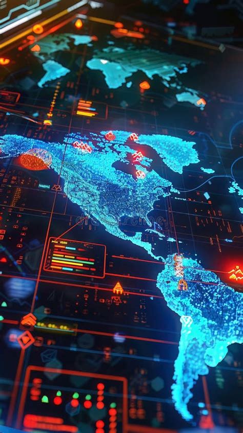 A Holographic Interface Showing A Global Map Of Cyber Attacks In Progress With Interactive