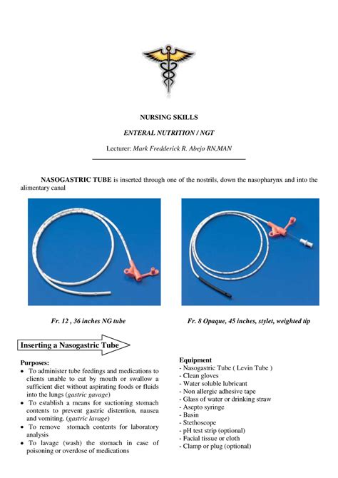 NGT Handouts Ngt NURSING SKILLS ENTERAL NUTRITION NGT Lecturer Mark Fredderick R Abejo