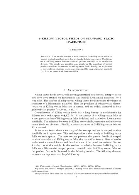 Pdf 2 Killing Vector Fields On Standard Static Space Times