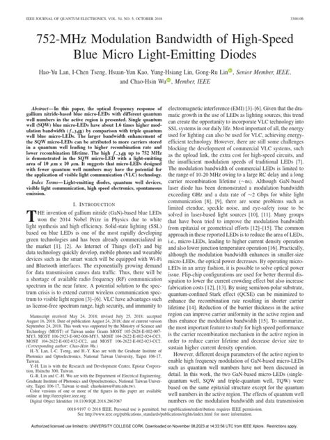 752 Mhz Modulation Bandwidth Of High Speed Blue Micro Light Emitting Diodes Pdf Light