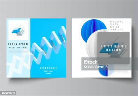 두 정사각형 형식의 벡터 레이아웃은 브로셔 전단지 커버 디자인 책 디자인 브로셔 커버템플릿을 다룹니다 동적 사실적인 기하학적 파란색 셰이프가 있는 3d 렌더링 벡터 컴