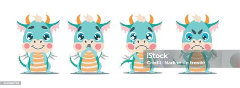 귀여운 아기 녹색 용의 감정 세트 기쁨 놀라움 슬픔과 분노 디자인 인쇄물 인사말 카드 및 패턴에 대한 벡터 일러스트레이션 2024 년의 귀여운 환상적인 상징 아기 용 0명에