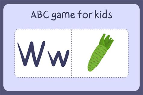 편지 W와 만화 스타일의 아이 알파벳 미니 게임 와사비 게임 디자인에 대한 벡터 그림 잘라 재생합니다 과일과 야채 플래시 카드로 Abc를 배우십시오 0명에 대한 스톡 벡터