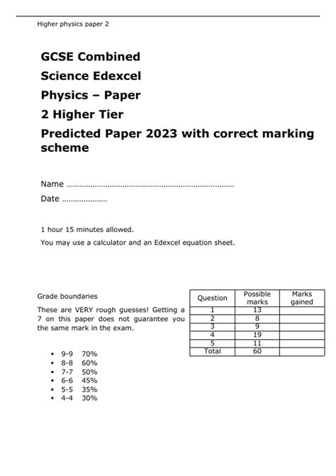 Gcse Combined Science Edexcel Physics Paper 2 Higher Tier Predicted