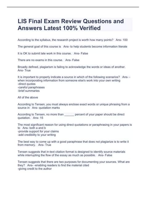 Lis Final Exam Review Questions And Answers Latest 100 Verified Lis Stuvia Us