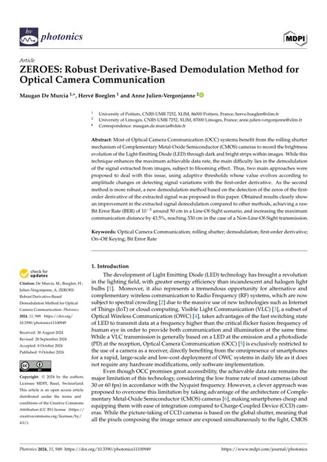 Pdf Zeroes Robust Derivative Based Demodulation Method For Optical Camera Communication